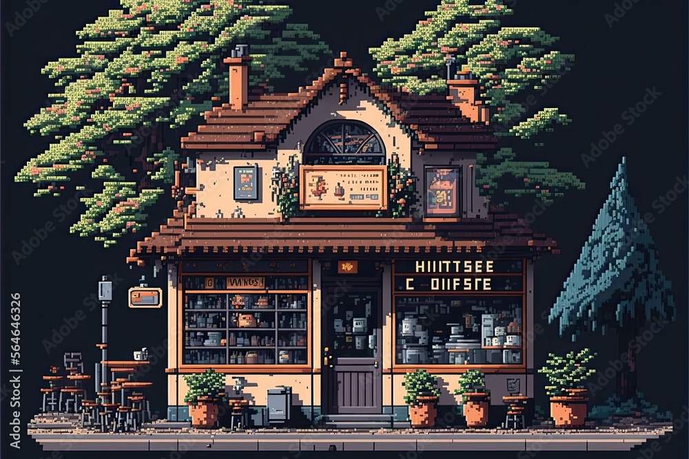 Pixel art coffee shop in park with trees, facade of old coffee shop ...