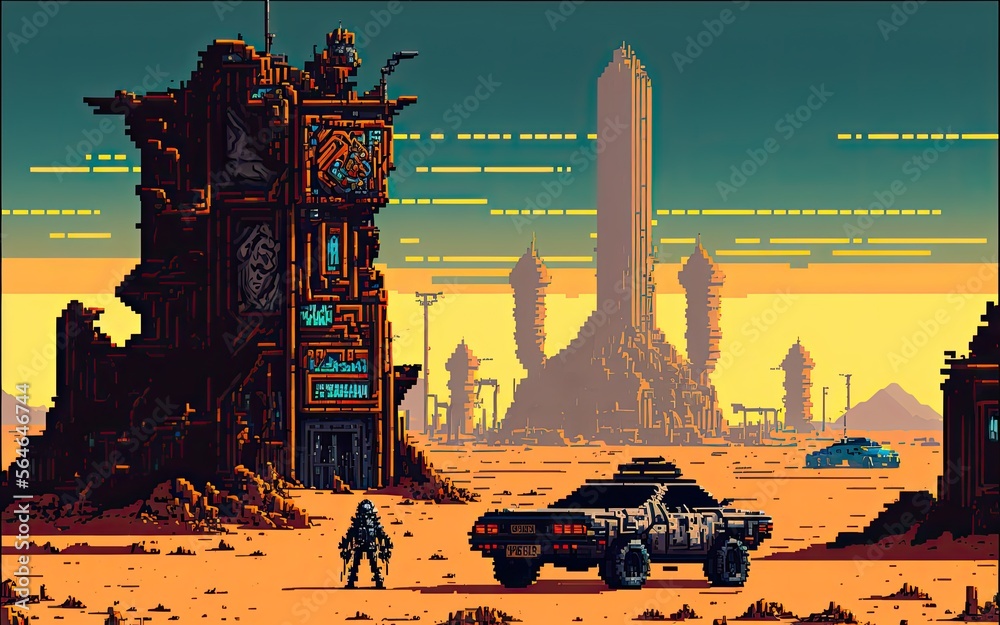 Pixel art destroyed city in post-apocalyptic world, background in retro ...