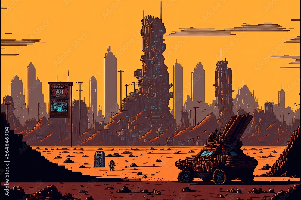 Pixel art destroyed city in post-apocalyptic world, background in retro ...