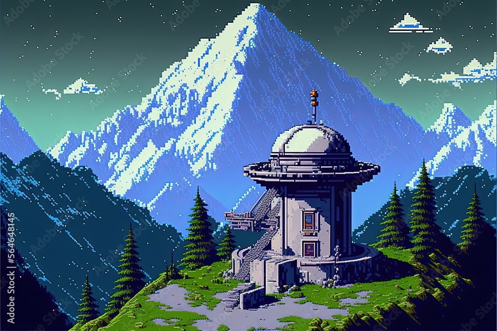 Pixel art astronomical observatory in the mountains, terrestrial ...