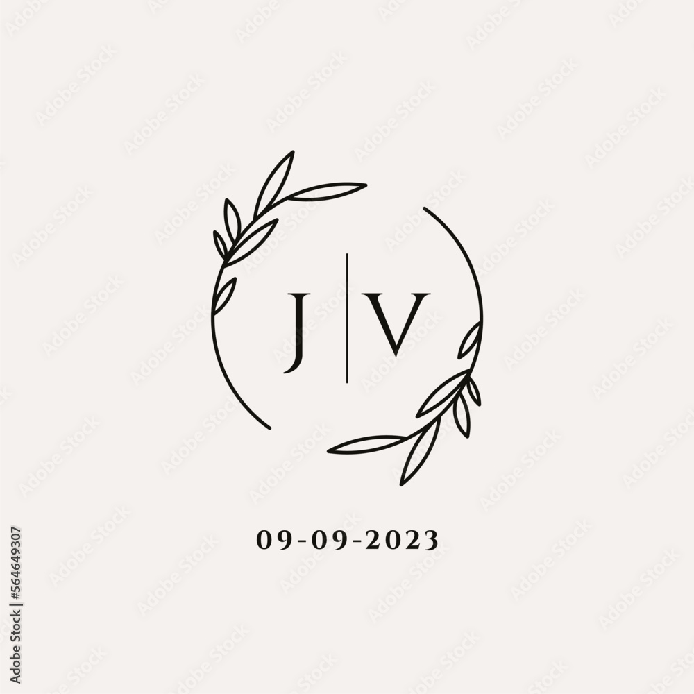 Letter JV wedding monogram logo design with simple natural circle leaf ...