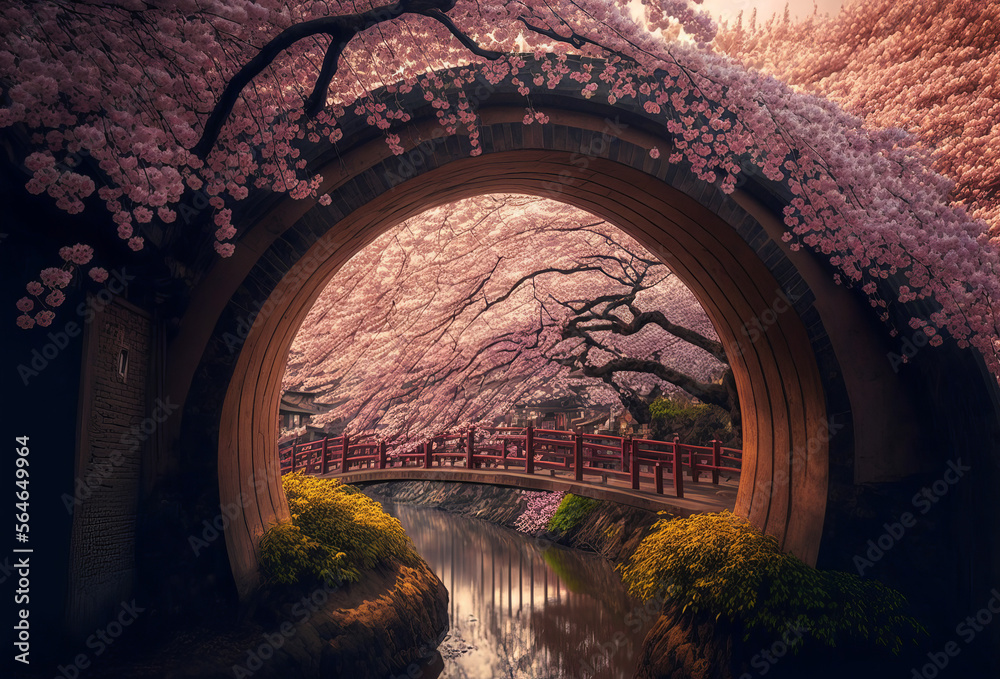 Beautiful asian cherry blossom scene. Generative ai Stock Illustration ...