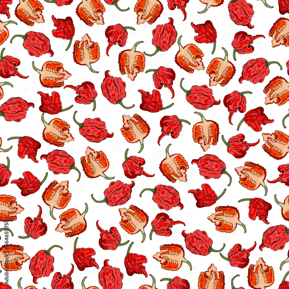 Seamless pattern with Carolina Reaper peppers. HP22B. Capsicum chinense ...
