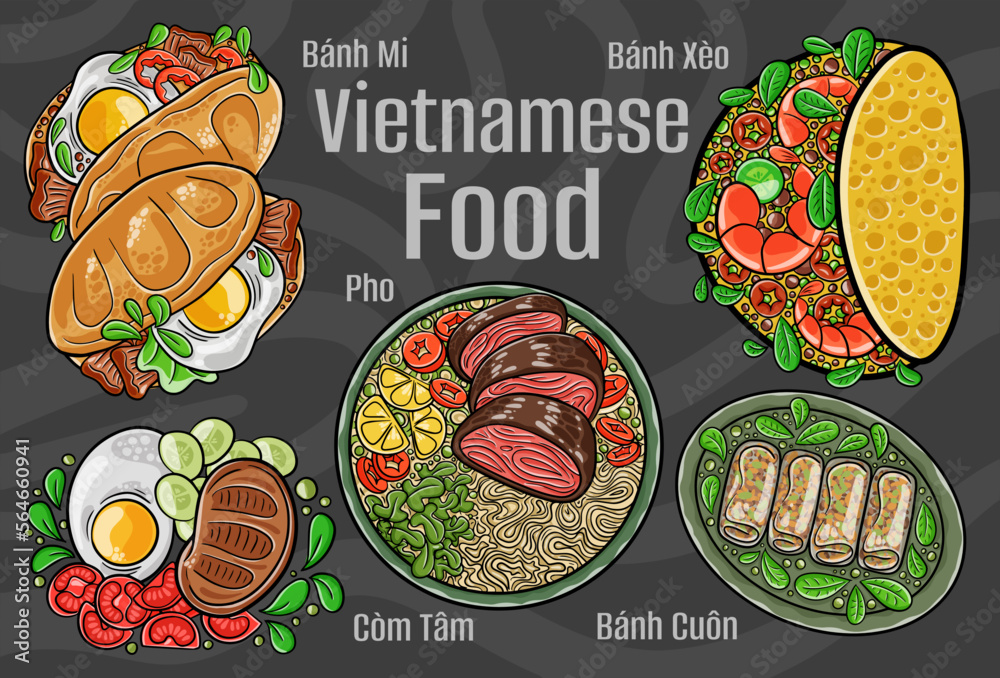 Vietnamese food. A set of classic dishes. Cartoon hand drawn ...