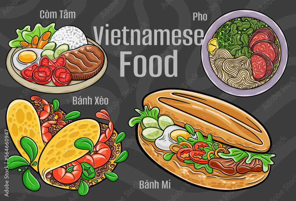 Vietnamese food. A set of classic dishes. Cartoon hand drawn ...