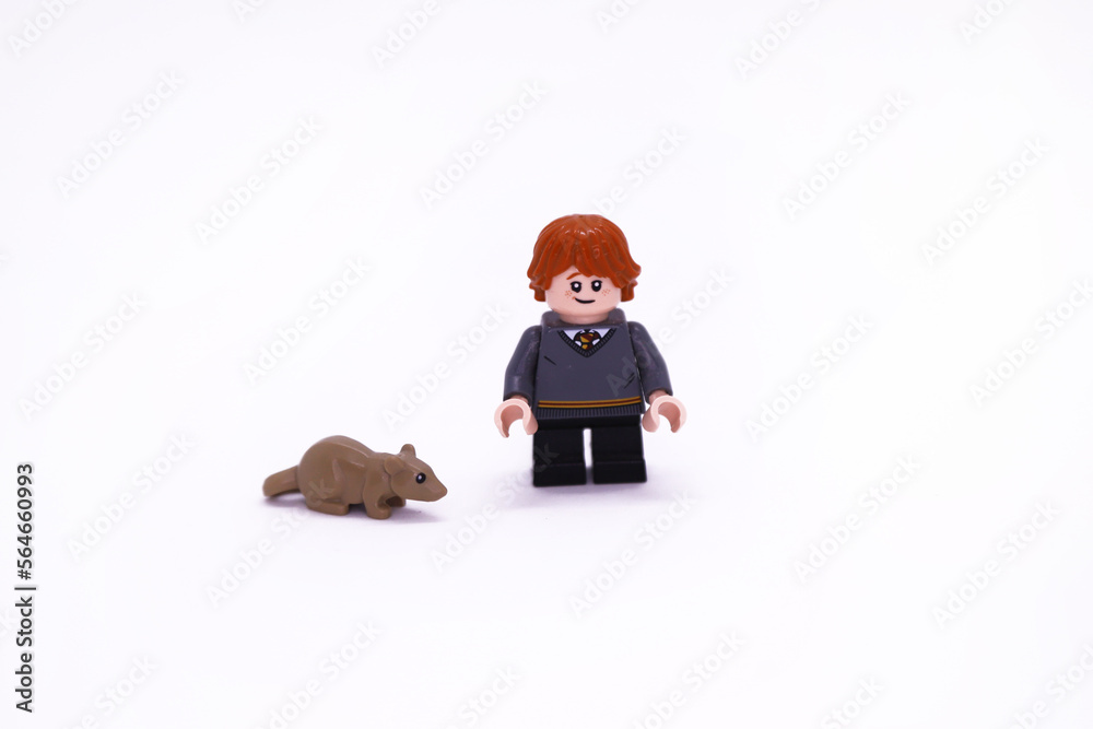 Ron Weasley with his rat Scabbers. Lego toy. Characters from the Harry ...