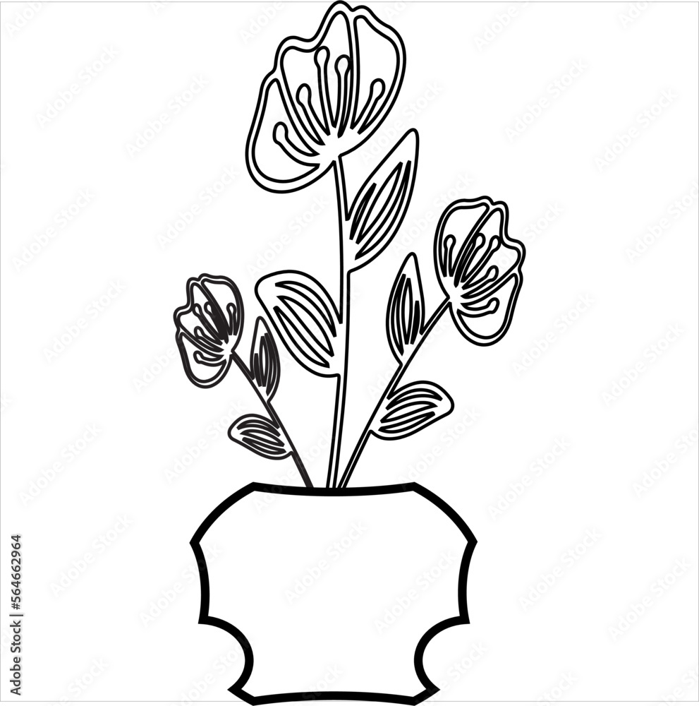 Vector, Image of flowers in vaze icon, Black and white color, with ...