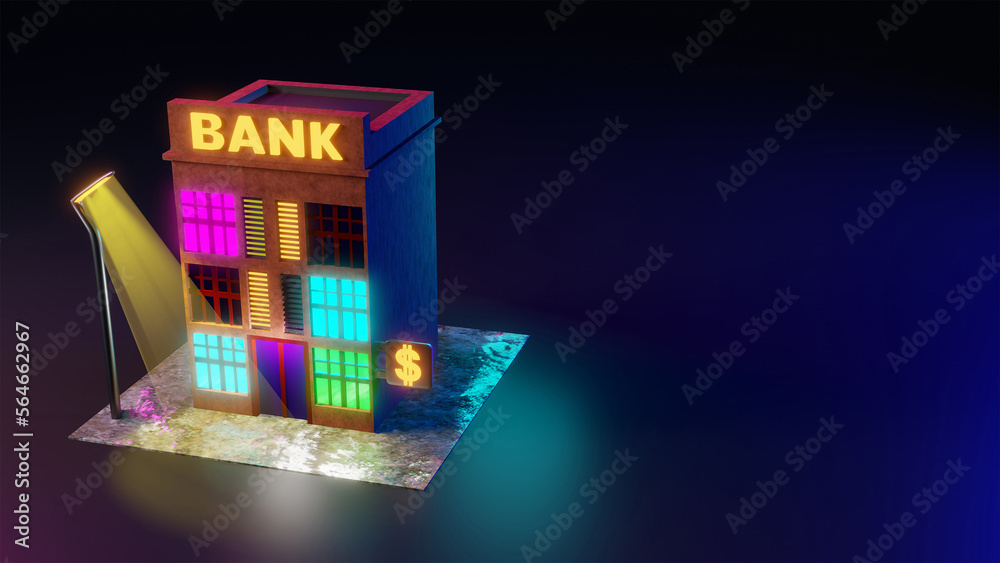 3D rendering of a bank building on a dark background with a neon sign ...