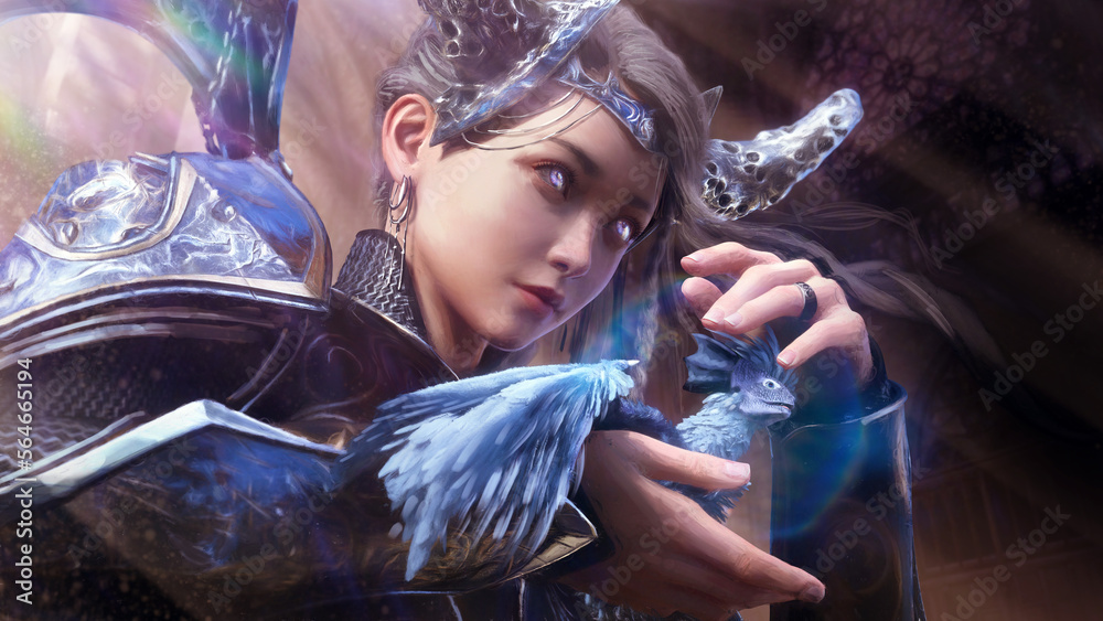 A cute Asian witch girl in a dense shiny rainbow armor with jewelry and ...