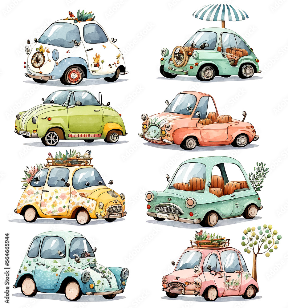 Cute whimsical cartoon cars collection, isolated on white. Vehicle ...