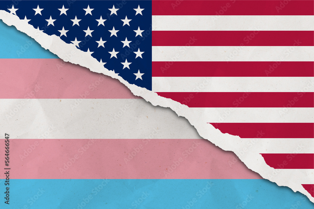United States and trans flag ripped paper grunge background. Concept of ...