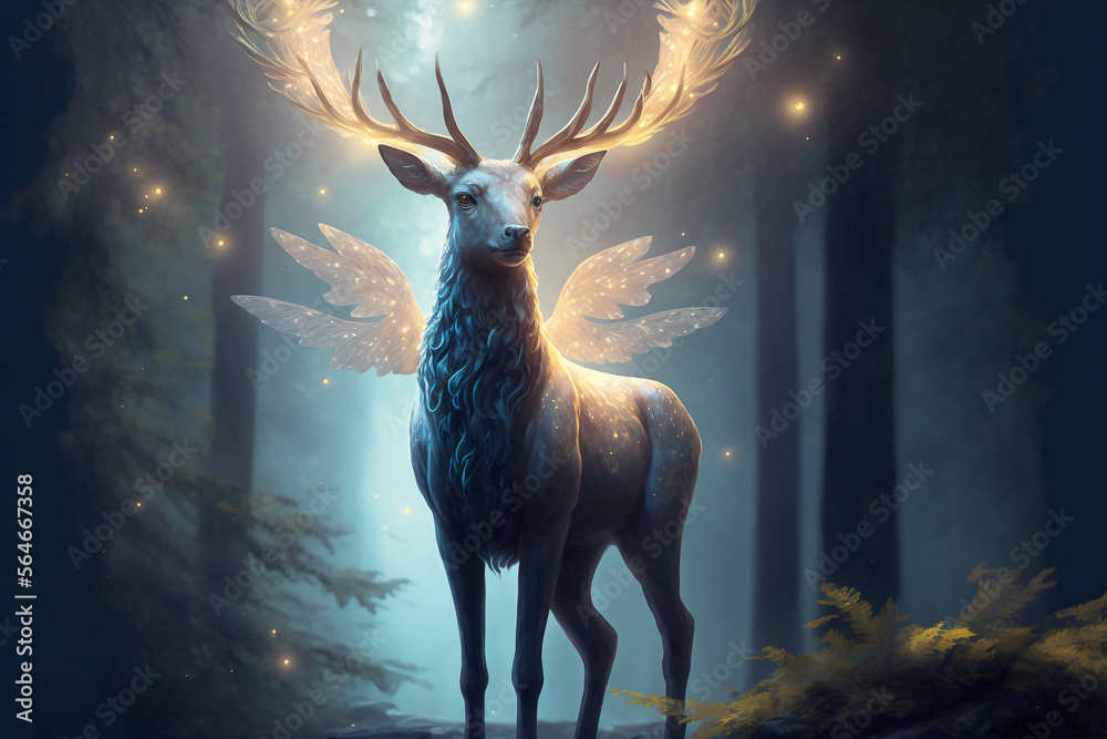 Magical winged deer guardian of the forest - AI generative Stock ...