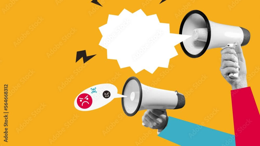 Contemporary art collage. Conceptual design with megaphones making ...