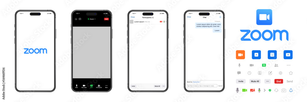 Zoom. App interface template on Apple Iphone mockup. Mobile ui social ...