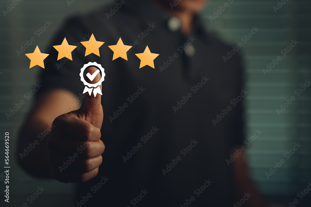 Customer satisfaction concept, business man thumbs up for five star ...