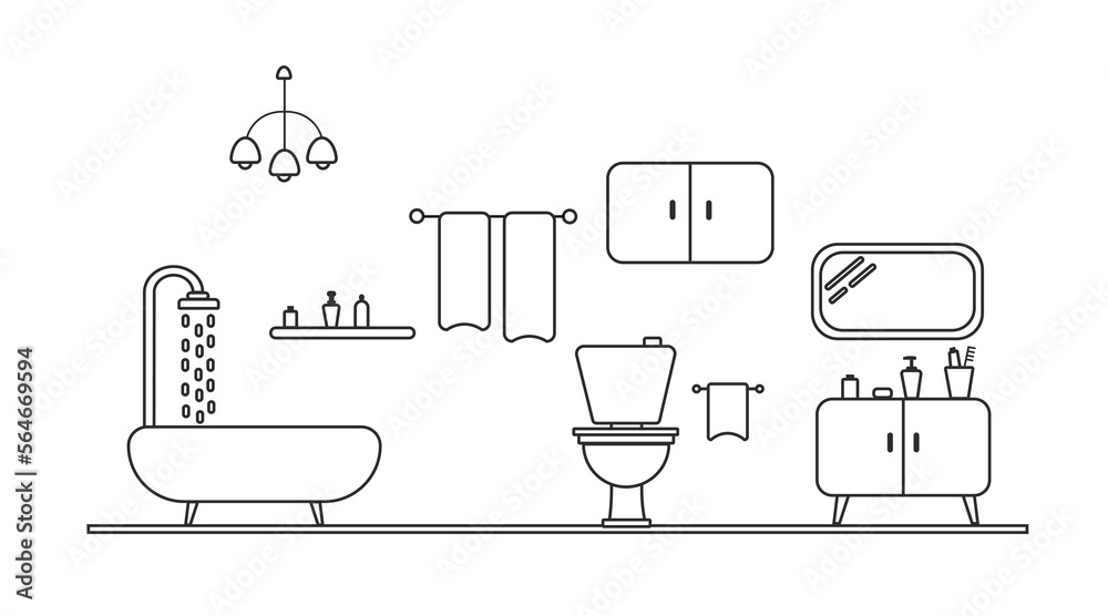 bathroom and toilet interior linear black outline. room design plan ...