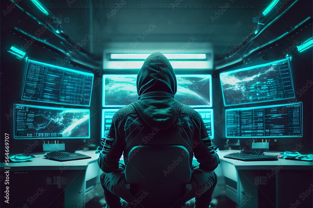 Hacker in front of big screens in a dark cinematic command center ...