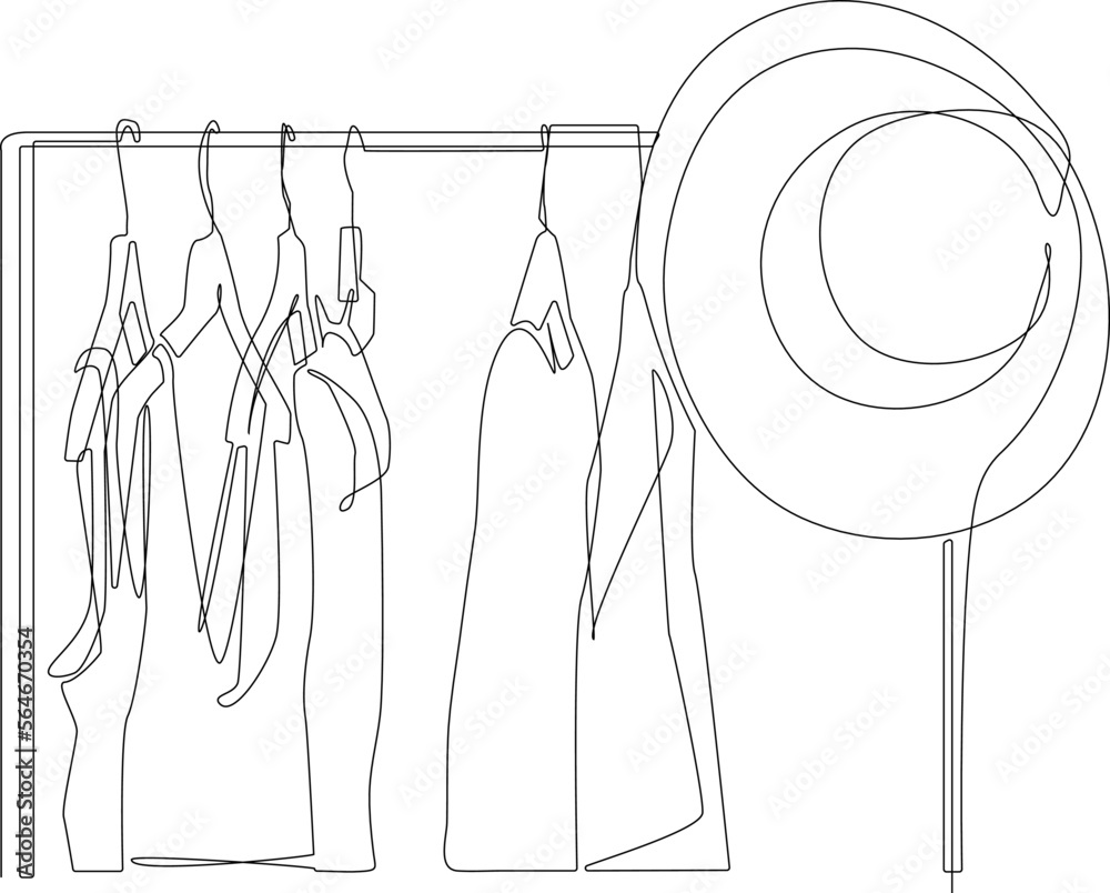 Continuous one line drawing Collection of clothes hanging on a rack ...