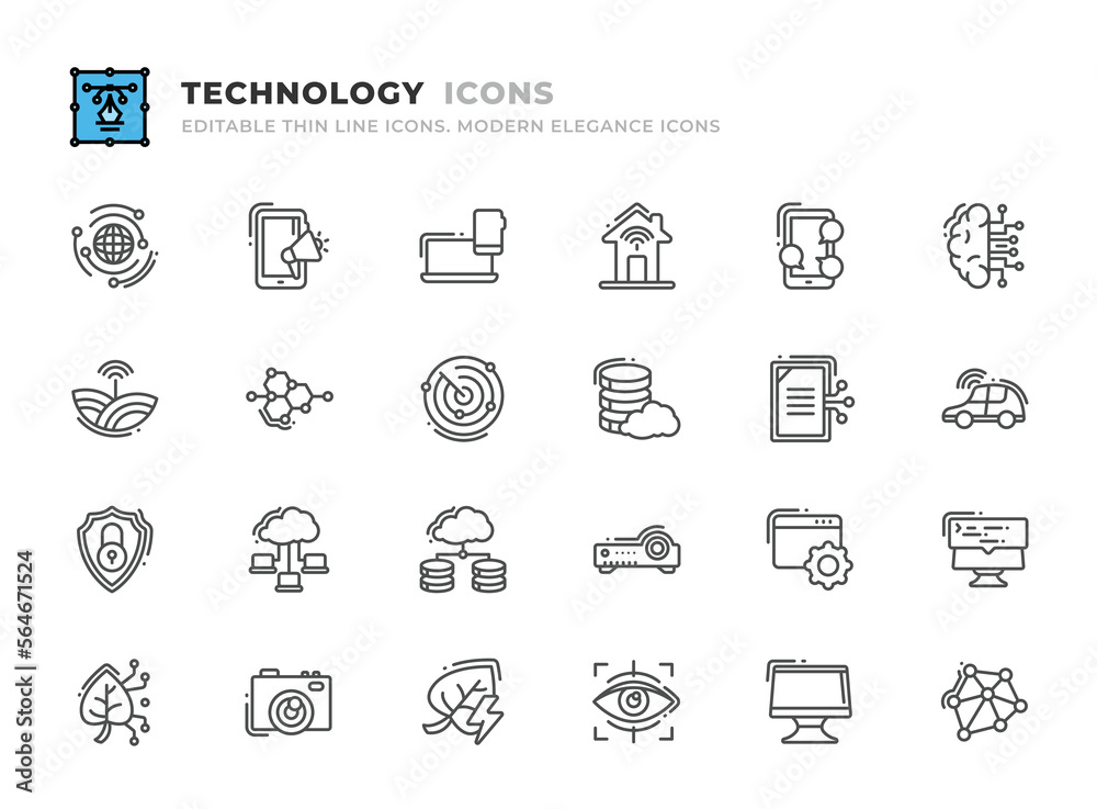 Editable Technology icons set. Thin line outline icons such as ...