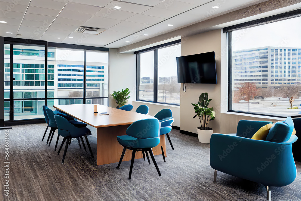 A modern, minimalist office with ergonomic furniture and a dynamic view ...