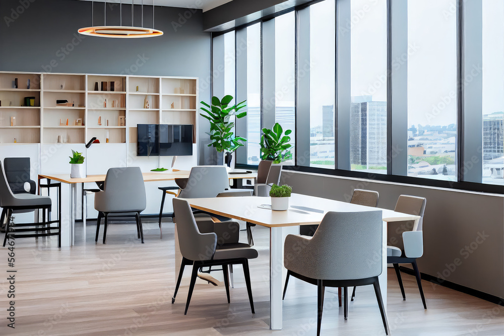 A modern, minimalist office with ergonomic furniture and a dynamic view ...