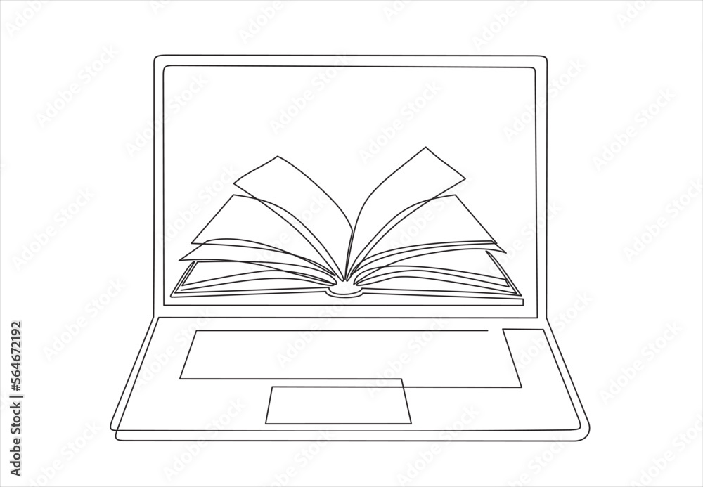 Continuous line drawing or one line drawing of a book on a computer ...