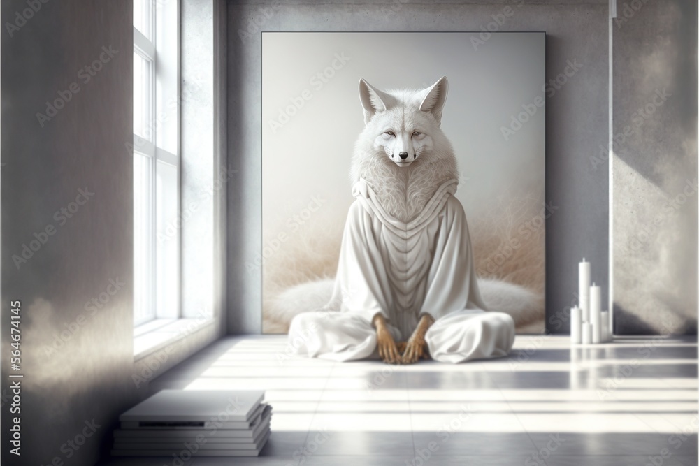 Anthropomorphic fox in clothing kimono meditating pose in white room ...