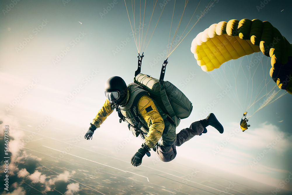 Parachuting. Paratroopers or parachutist free-falling and descending ...
