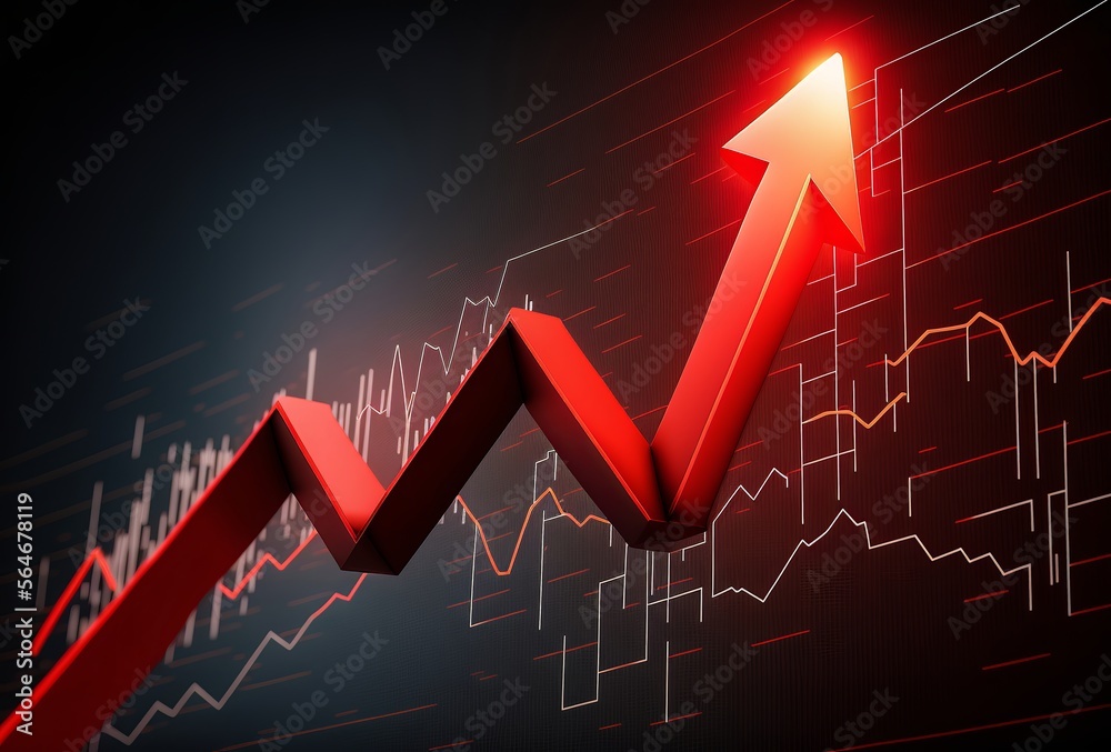 3d illustration of red graph over dark background with red arrow ...