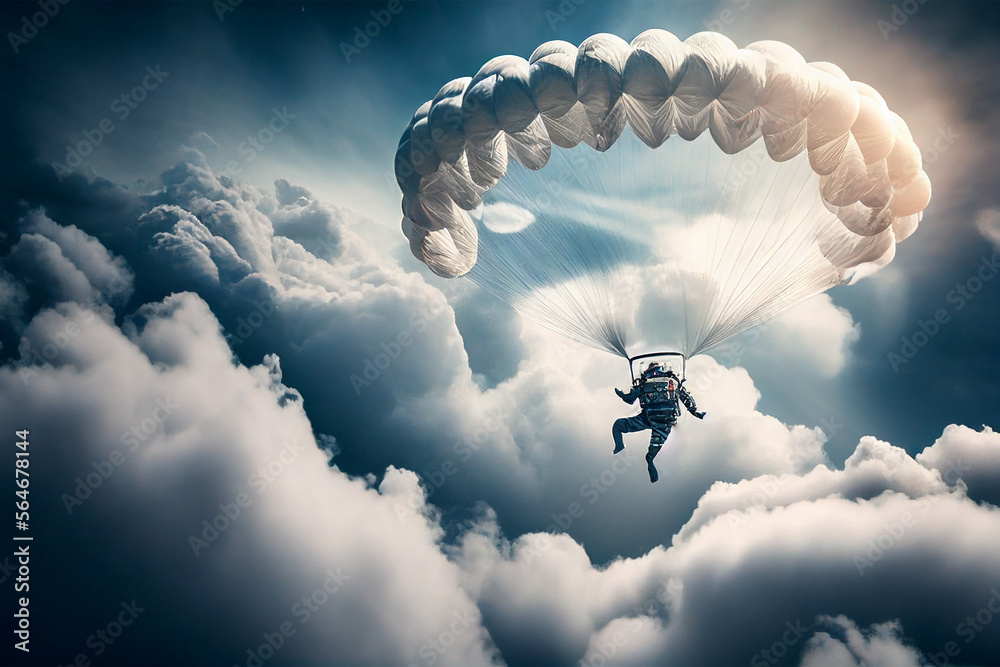 Parachuting. Paratroopers or parachutist free-falling and descending ...