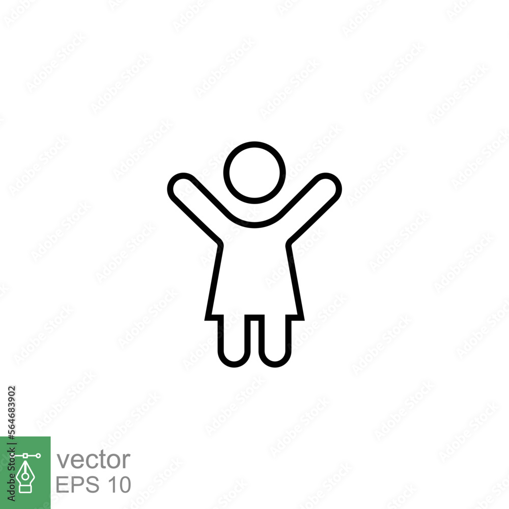 Girl hands up icon. Simple outline style. Woman raised two hands, hold ...