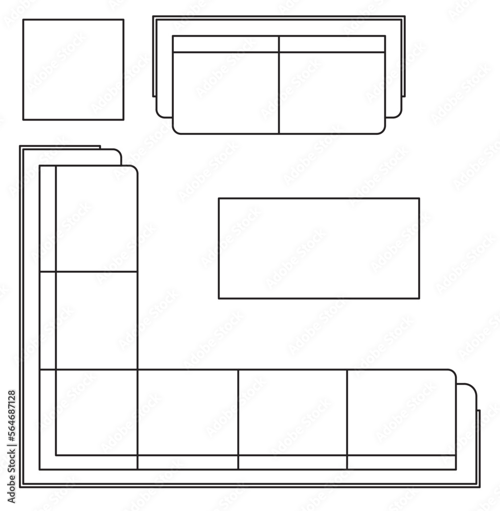2D graphic drawing of the top view layout of the sofa set and its side ...