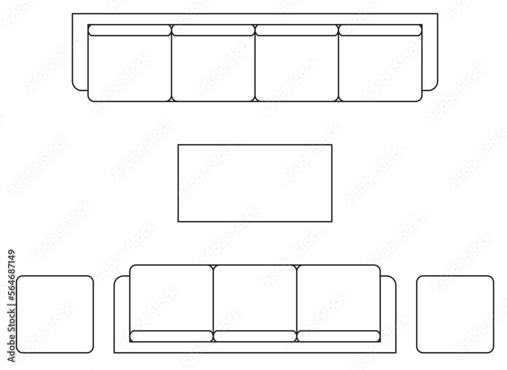 2D graphic drawing of the top view layout of the sofa set and its side ...