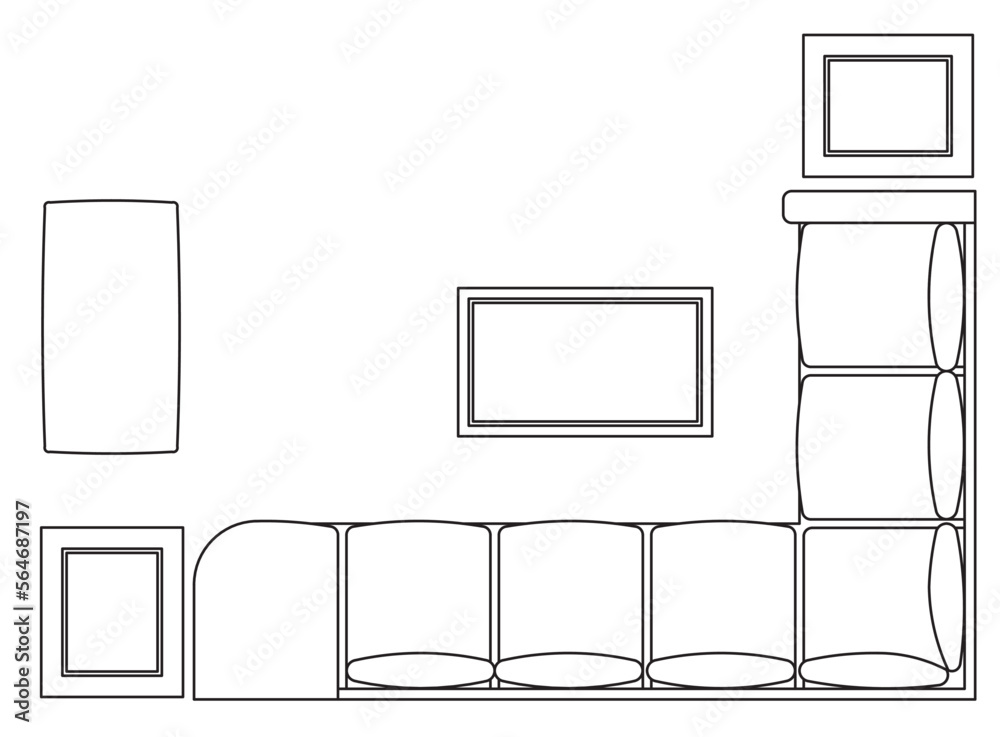 2D graphic drawing of the top view layout of the sofa set and its side ...