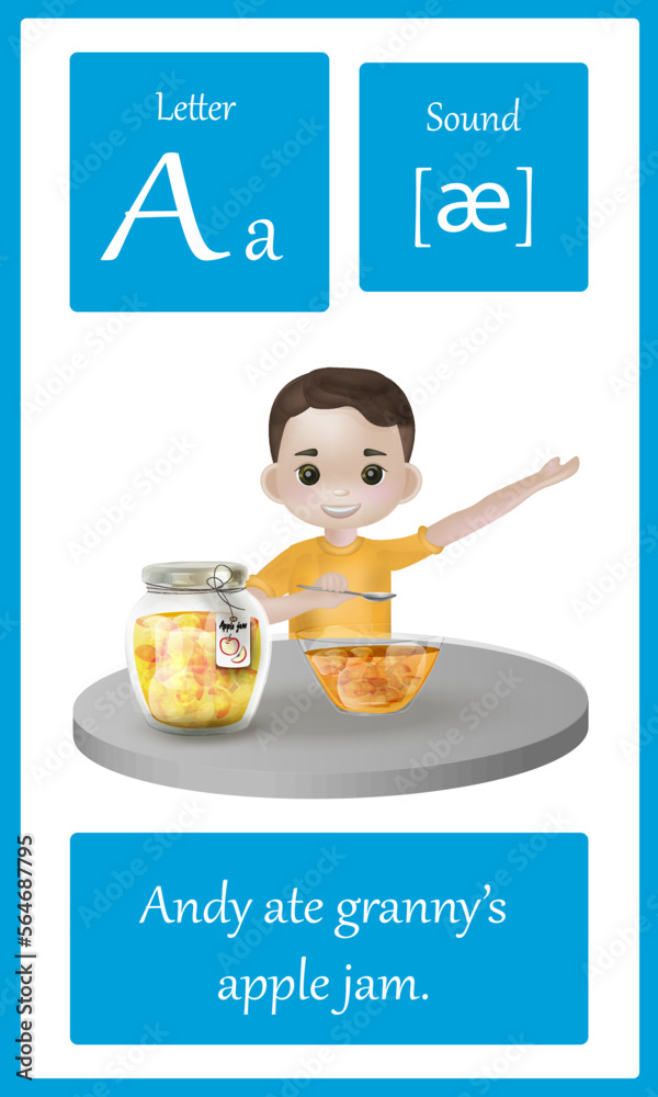 Colorful alphabet letter A. Phonics flashcard with sound. Letter A for ...