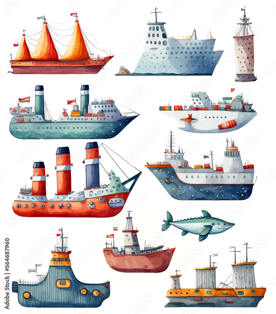 Collection of maritime transportation ships, cartoon illustration ...