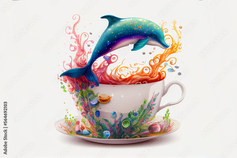 Imaginative, colorful illustration of cute fantasy dolphin in a teacup ...