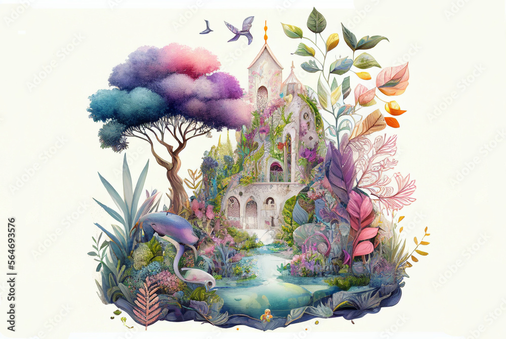Imaginative, colorful illustration of cute fantasy castle, generative ...