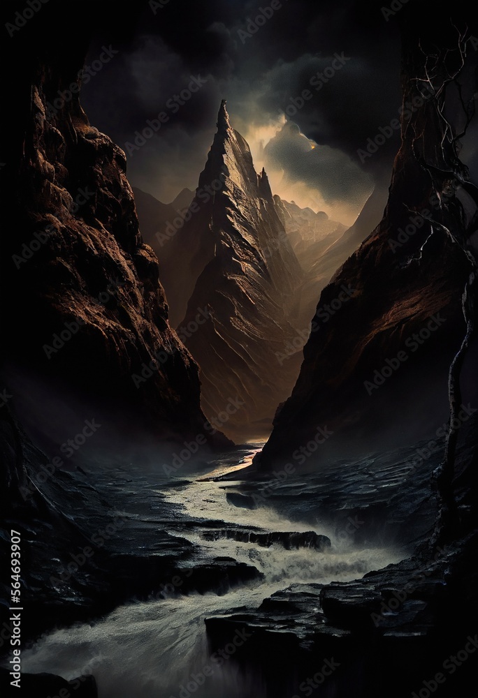 Dark deep narrow gorge canyon steep mountains of black rocks, dead ...