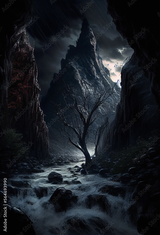 Dark deep narrow gorge canyon steep mountains of black rocks, dead ...