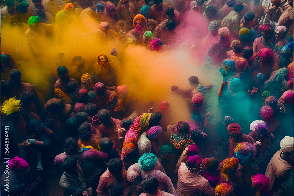 A crowd of people throwing Holi paint in the air, a festival of colored ...