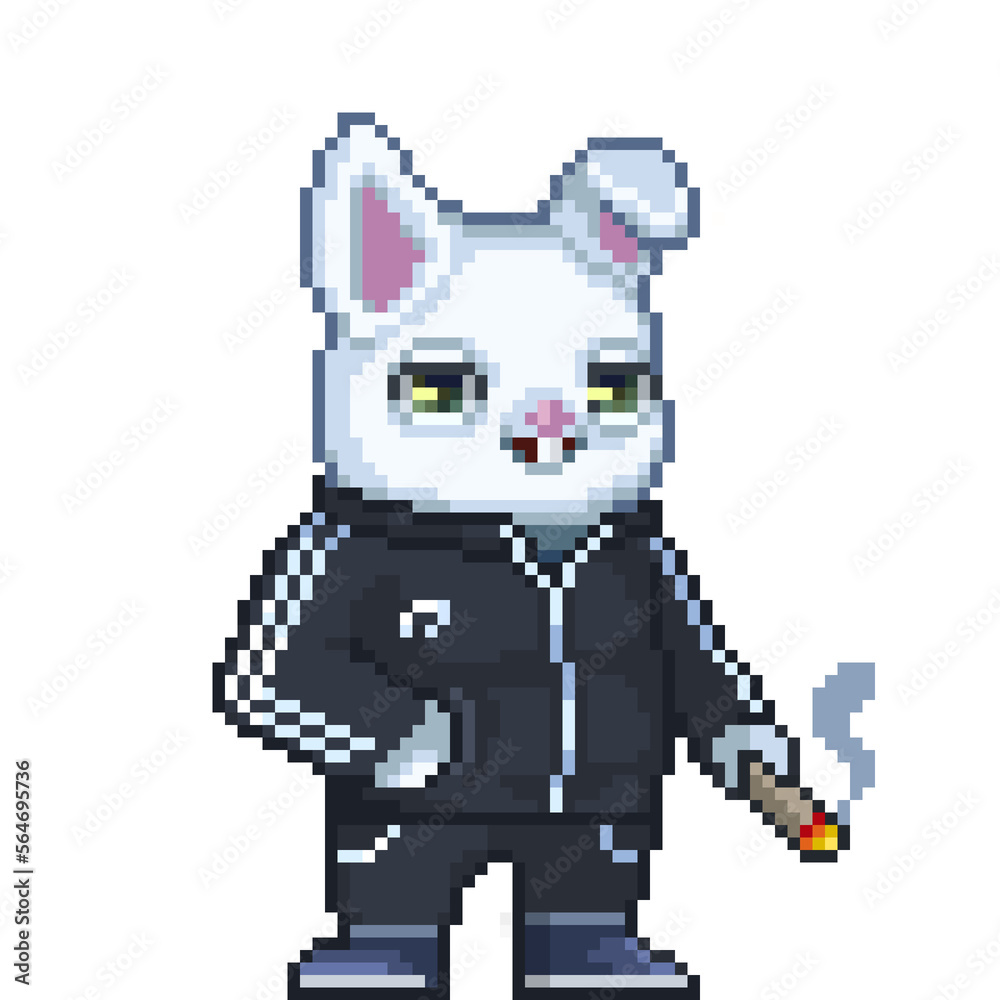 Pixel easter rabbit character standing in tracksuit smoking cigar ...