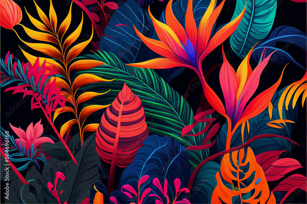 Drawing of palm leaves and flowers in a modern style, tropical print pattern on a black ...