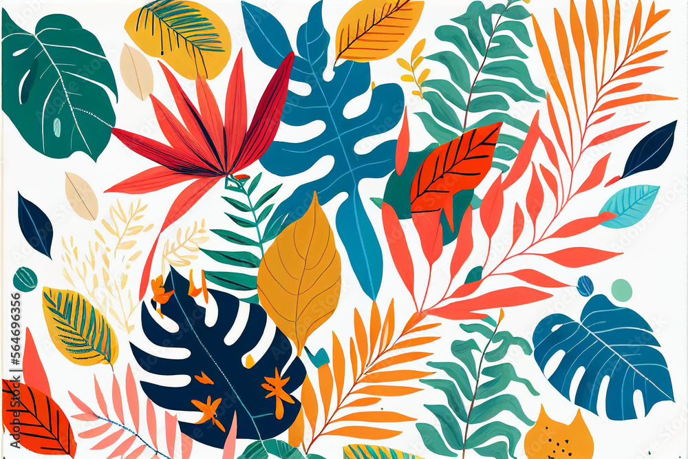 Drawing of palm leaves and flowers in a modern style, tropical print ...