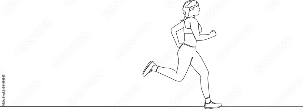continuous single line drawing of female athlete running or sprinting ...