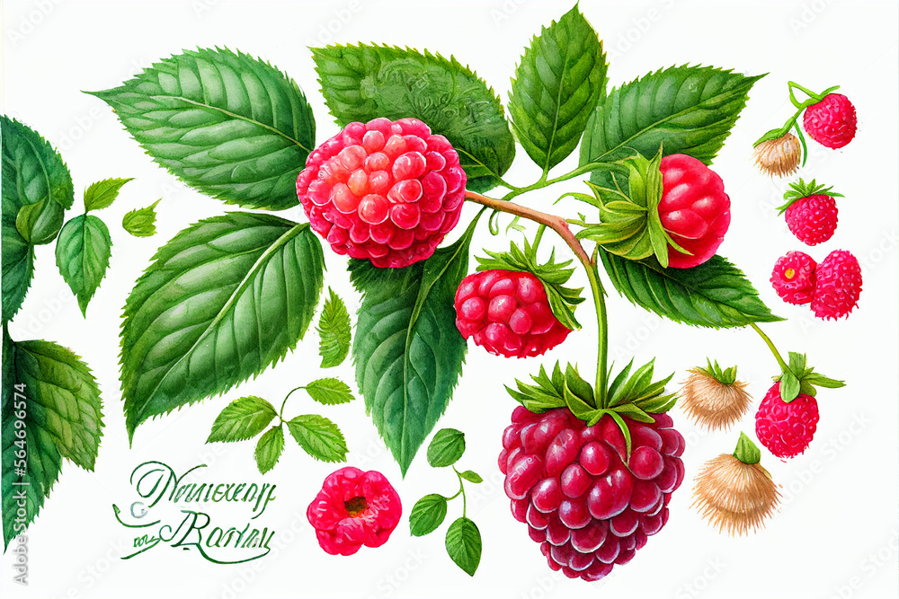 Watercolor drawing of fresh summer raspberries with flowers and leaves ...