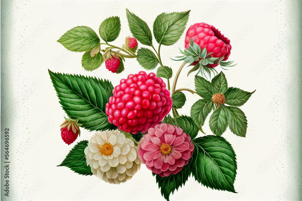 Watercolor drawing of fresh summer raspberries with flowers and leaves ...