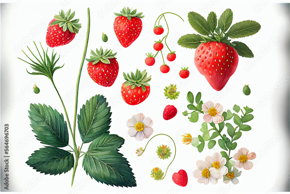 Watercolor drawing of fresh summer strawberries with flowers and leaves ...
