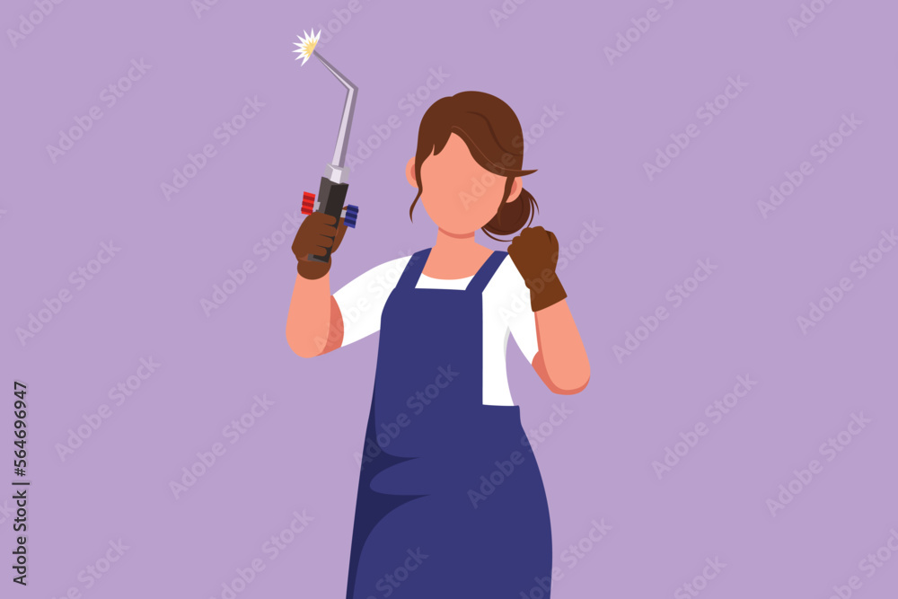 Cartoon flat style drawing female welder holding welding tool with ...