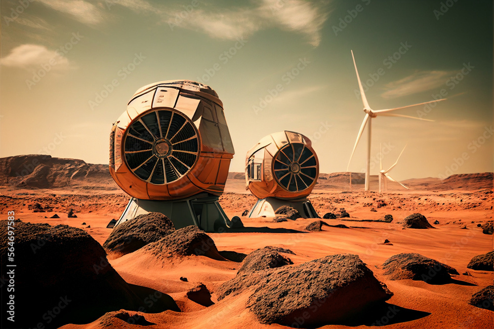 Ilustrace „A space station with a spaceship on Mars and the moon, power ...